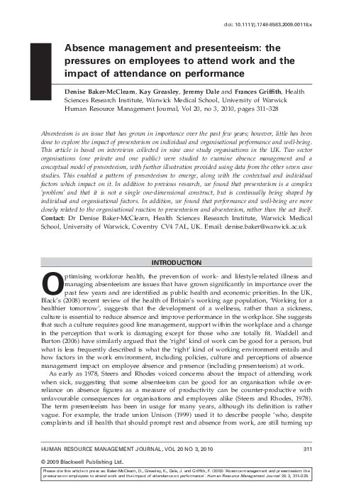 (PDF) Absence management and presenteeism: the pressures on employees ...