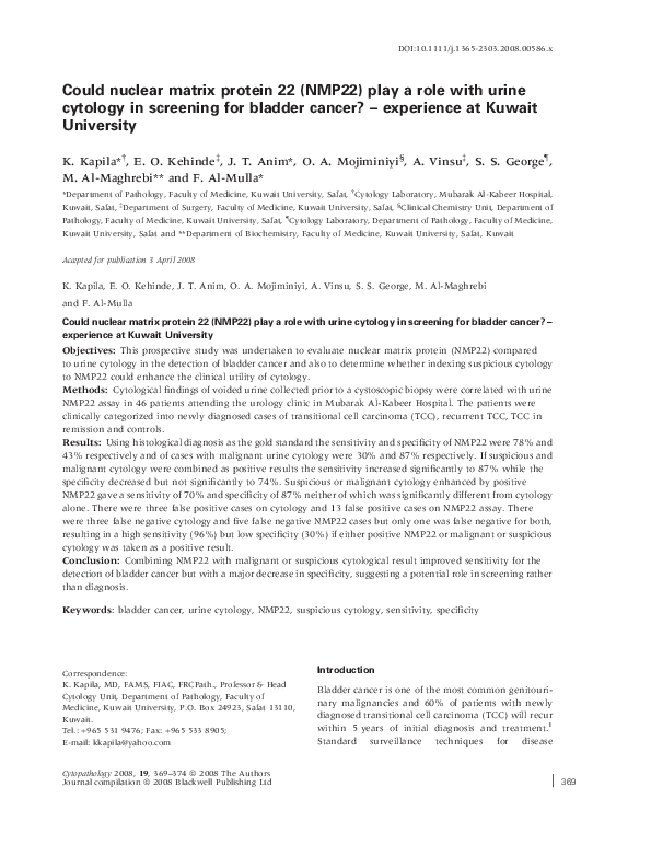 (PDF) Could nuclear matrix protein 22 (NMP22) play a role with urine ...