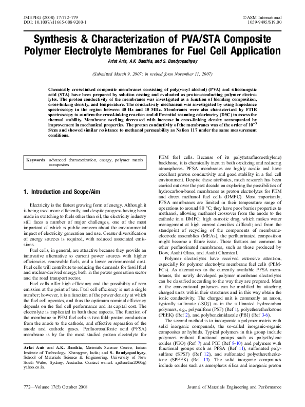 (PDF) Synthesis & Characterization of PVA/STA Composite Polymer Electrolyte Membranes for Fuel ...
