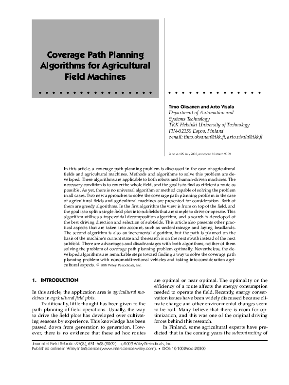 Pdf Coverage Path Planning Algorithms For Agricultural Field Machines