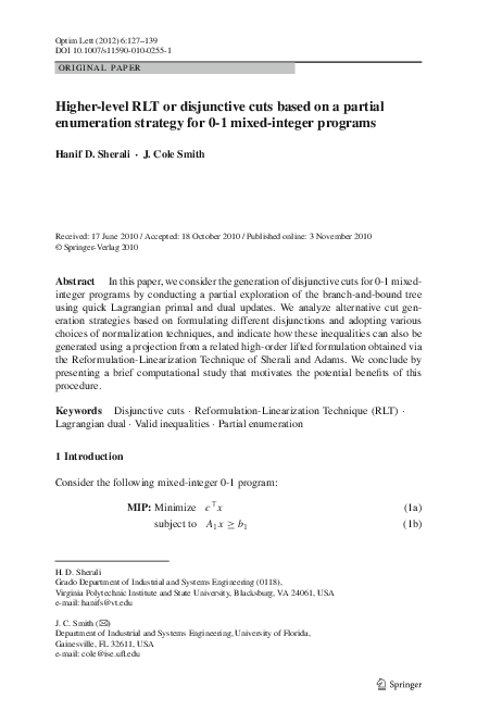 (PDF) Higher-level RLT or disjunctive cuts based on a partial ...