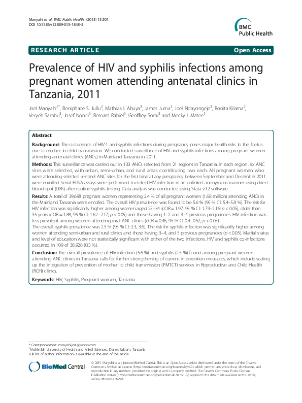 Pdf Prevalence Of Hiv And Syphilis Infections Among Pregnant Women 2352