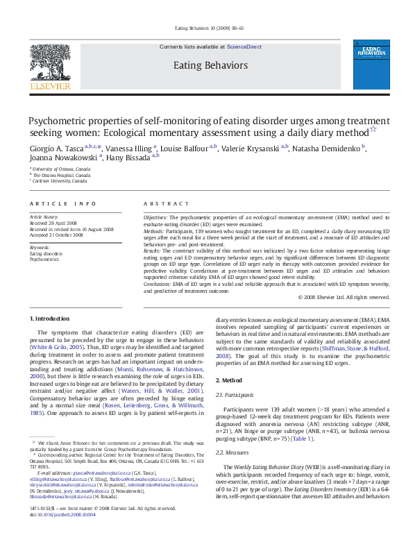 (PDF) Psychometric properties of self-monitoring of eating disorder ...