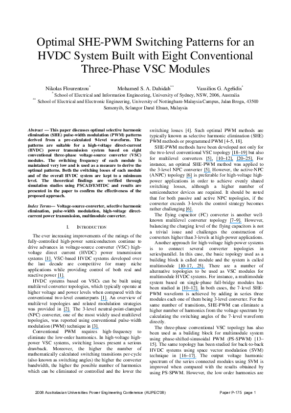 Pdf Optimal She Pwm Switching Patterns For An Hvdc System Built With Eight Conventional Three