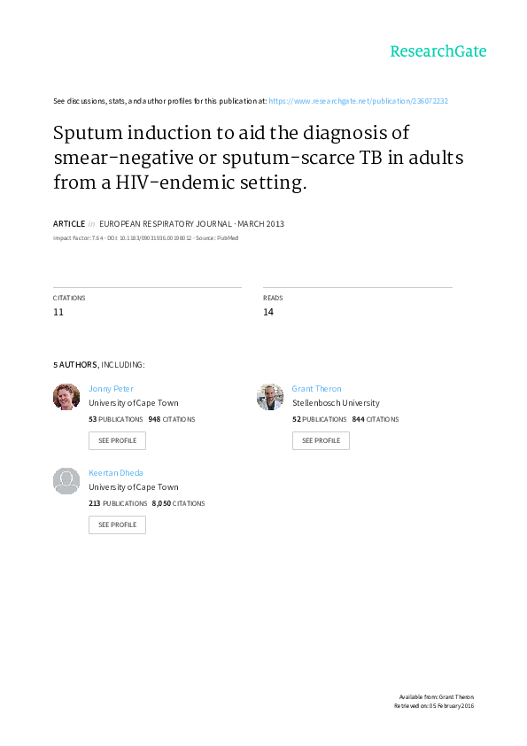(PDF) Sputum induction to aid diagnosis of smear-negative or sputum ...