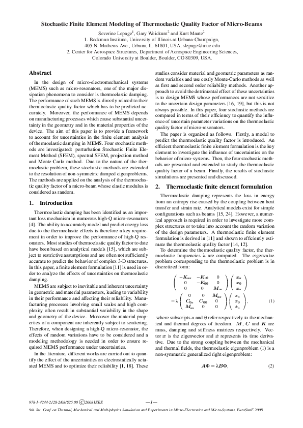 (PDF) Stochastic finite element modeling of thermoelastic quality factor of micro-beams