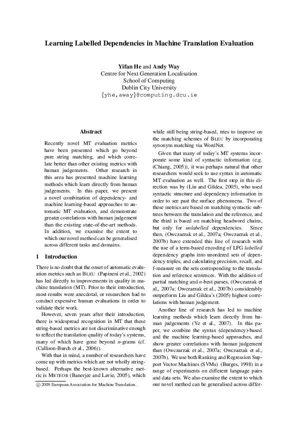 Pdf Learning Dependency Based Metrics For Machine Translation Evaluation