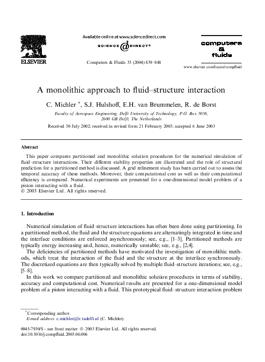 Pdf A Monolithic Approach To Fluidstructure Interaction Using Space