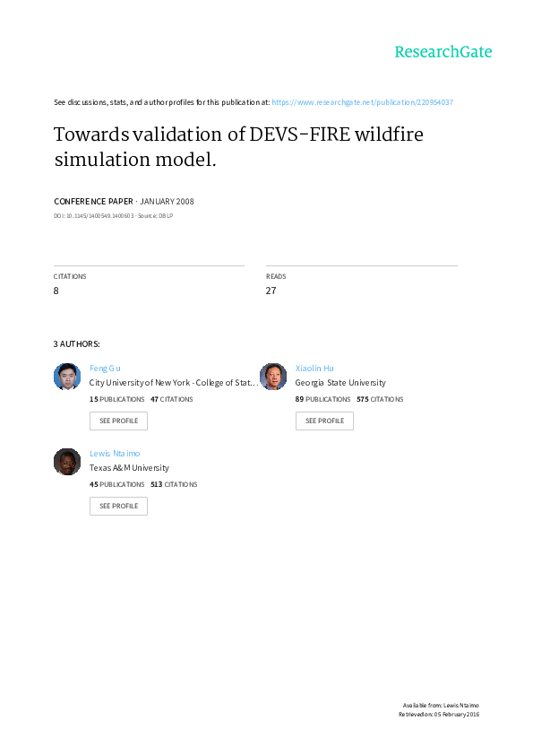 Pdf Towards Validation Of Devs Fire Wildfire Simulation Model Lewis Ntaimo And F Gu