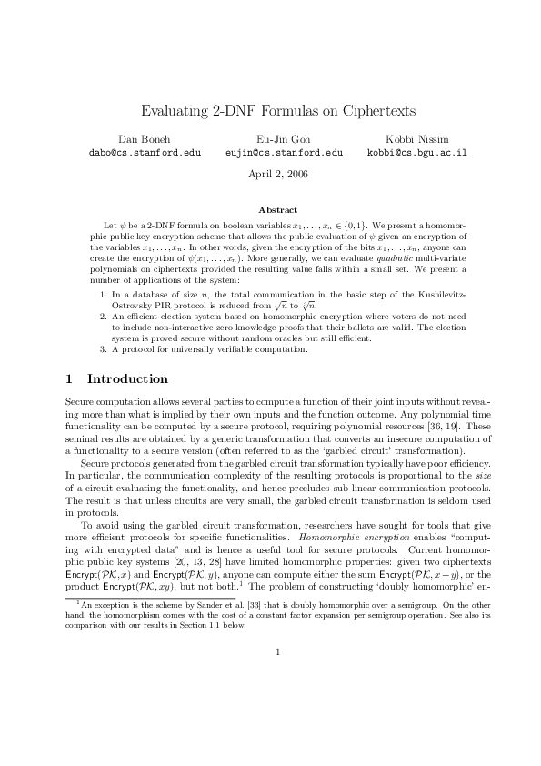 (PDF) Evaluating 2-DNF Formulas on Ciphertexts
