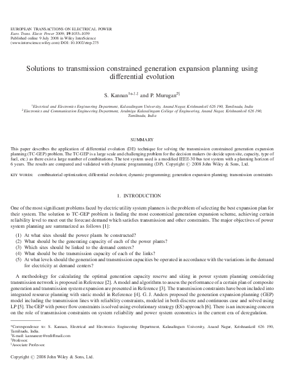 (PDF) Solutions to transmission constrained generation expansion planning using differential ...