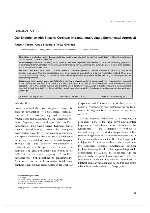 (PDF) Our Experience with Bilateral Cochlear Implantations Using a ...