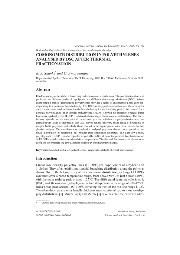 (PDF) Comonomer distribution in polyethylenes analysed by DSC after ...
