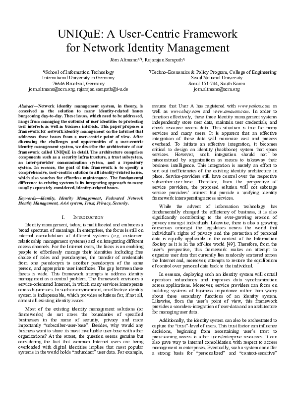 (PDF) UNIQuE: A User-Centric Framework for Network Identity Management
