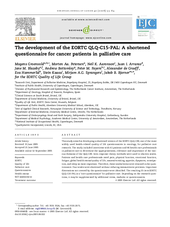 (PDF) The development of the EORTC QLQ-C15PAL: A shortened ...