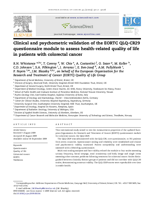 (PDF) Clinical and psychometric validation of the EORTC QLQ-CR29 questionnaire module to assess ...