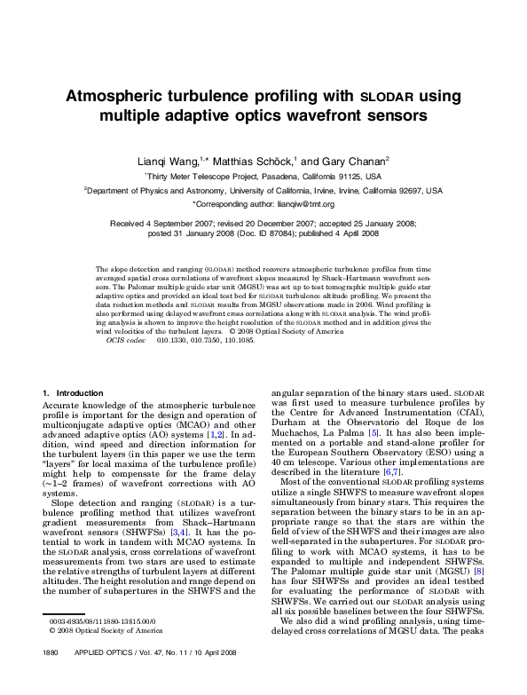 Pdf Atmospheric Turbulence Profiling With Slodar Using Multiple Adaptive Optics Wavefront Sensors