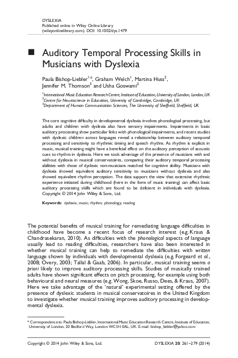 Pdf Auditory Temporal Processing Skills In Musicians With Dyslexia