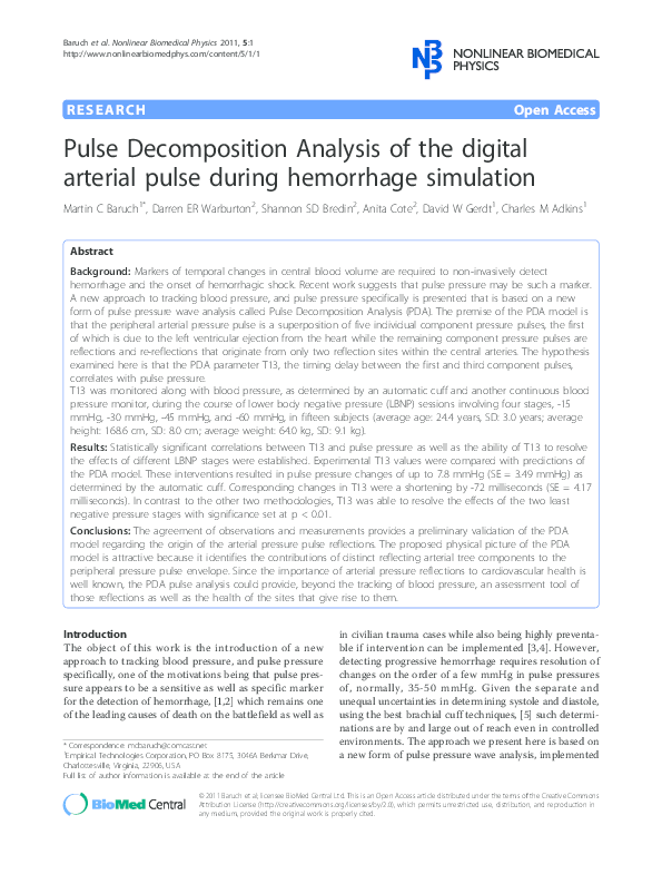 (PDF) Pulse Decomposition Analysis of the digital arterial pulse during hemorrhage simulation ...