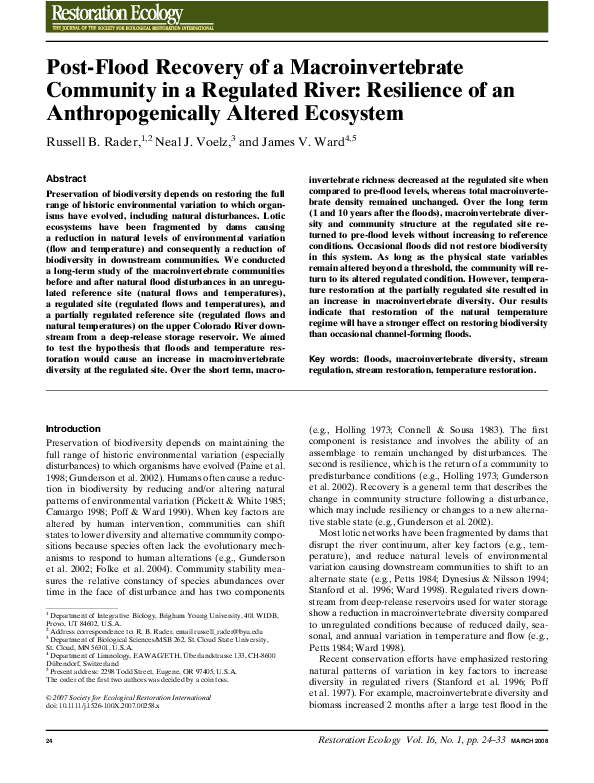 (PDF) Post‐Flood Recovery of a Macroinvertebrate Community in a Regulated River: Resilience of ...