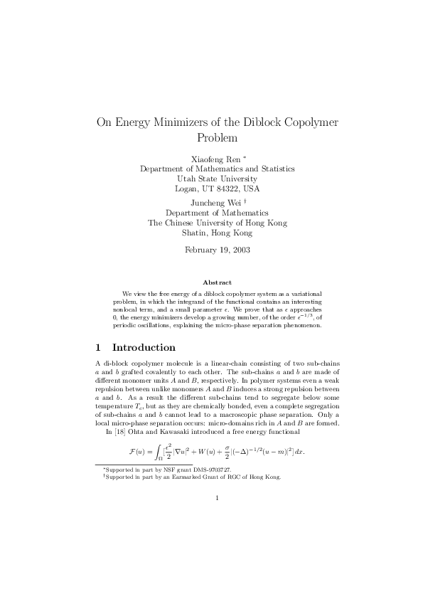 (PDF) On energy minimizers of the diblock copolymer problem | Juncheng ...