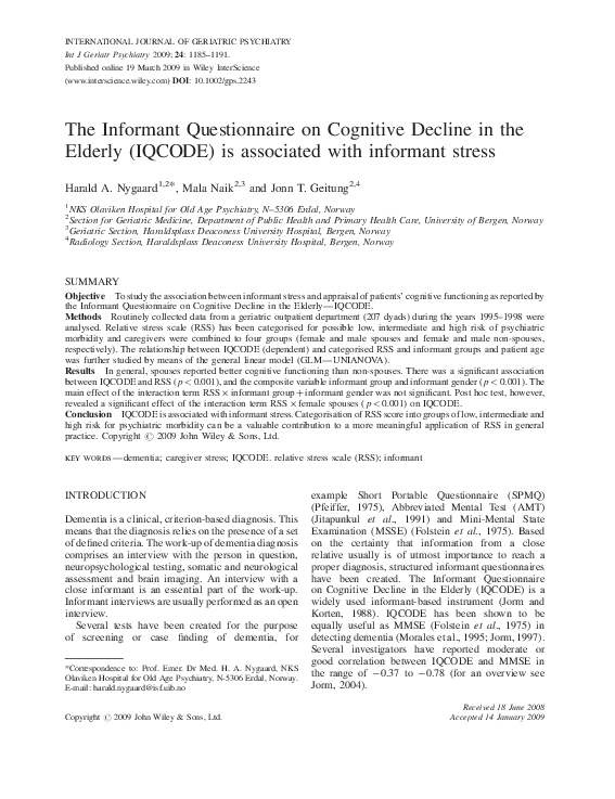 Pdf The Informant Questionnaire On Cognitive Decline In The Elderly Iqcode Is Associated