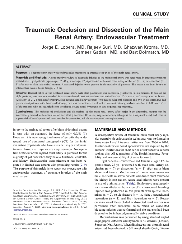 (PDF) Traumatic Occlusion and Dissection of the Main Renal Artery ...