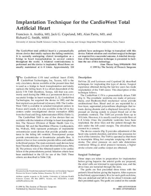 (PDF) Implantation technique for the CardioWest total artificial heart ...