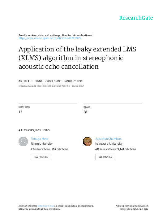 (PDF) Application of the leaky extended LMS (XLMS) algorithm in stereophonic acoustic echo ...