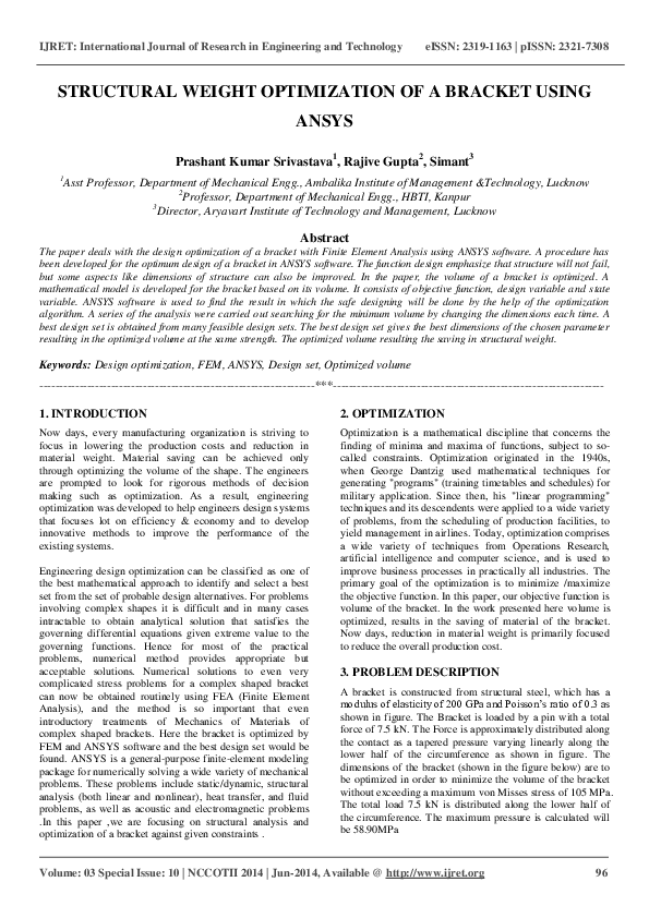 Pdf Structural Weight Optimization Of A Bracket Using Ansys