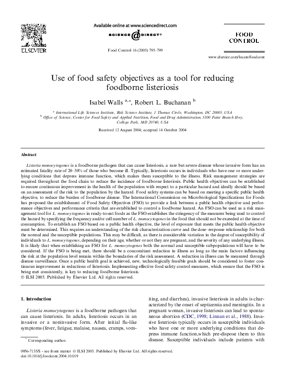 (PDF) Use of food safety objectives as a tool for reducing foodborne ...