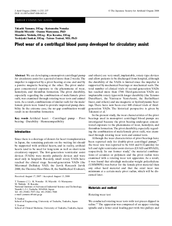 (PDF) Pivot wear of a centrifugal blood pump developed for circulatory ...