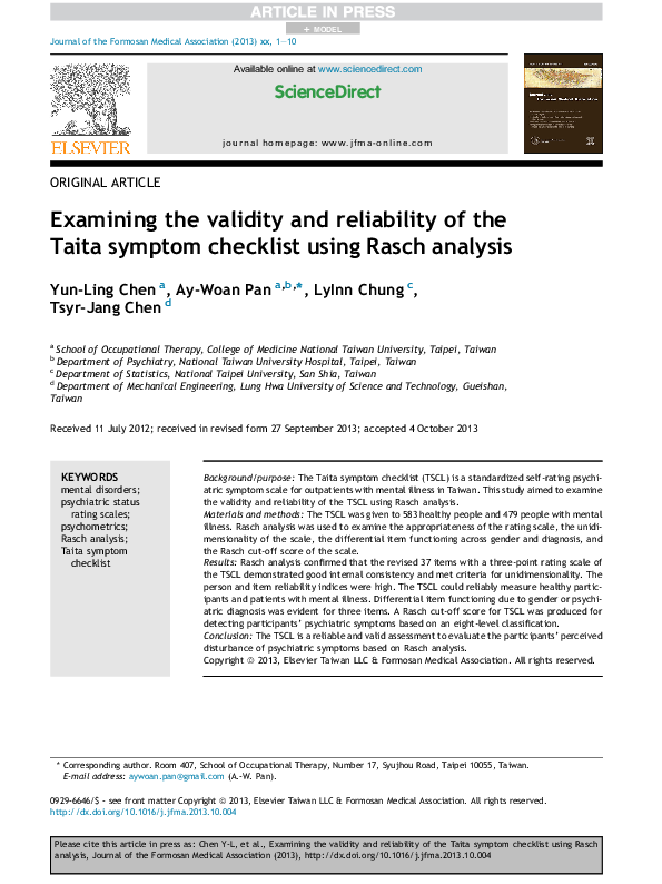 (PDF) Examining the validity and reliability of the Taita symptom checklist using Rasch analysis