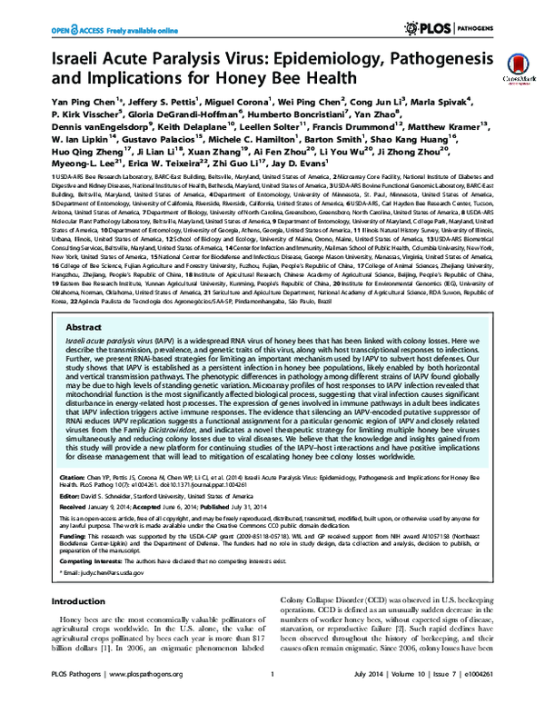 Pdf Israeli Acute Paralysis Virus Epidemiology Pathogenesis And Implications For Honey Bee