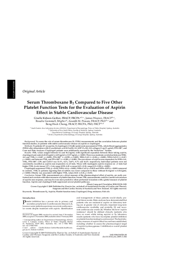 (PDF) Serum Thromboxane B2 Compared to Five Other Platelet Function ...