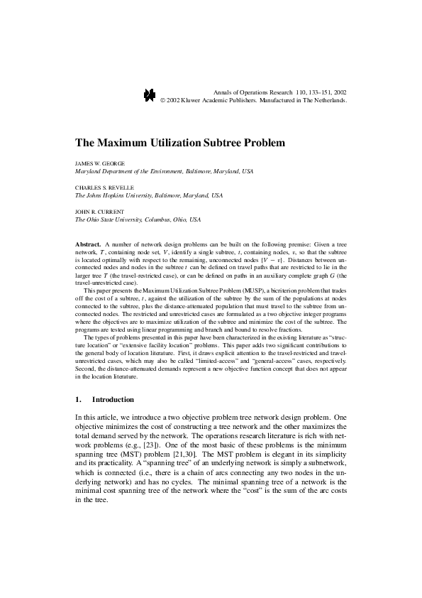Pdf Optimal Subtree Selection In Network Design