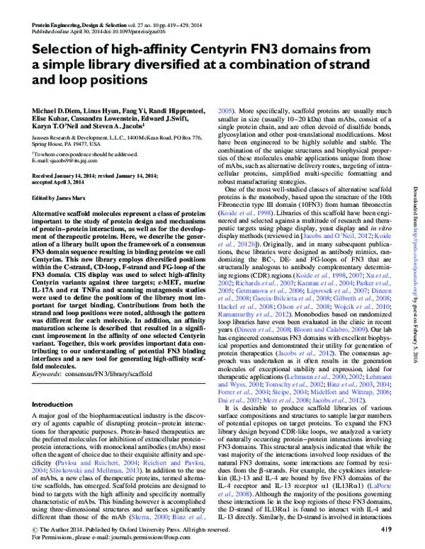 (PDF) Selection of high-affinity Centyrin FN3 domains from a simple ...