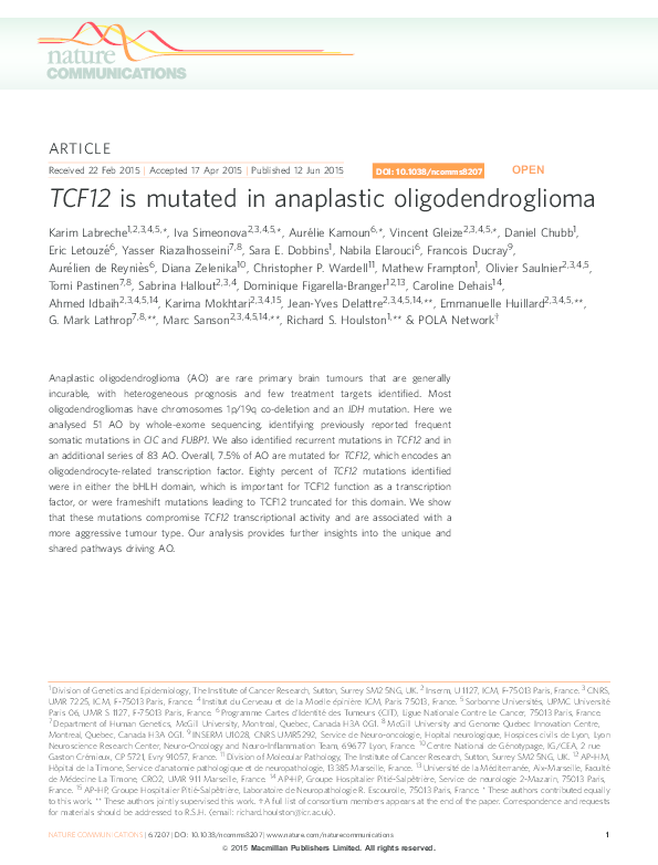 (PDF) TCF12 is mutated in anaplastic oligodendroglioma