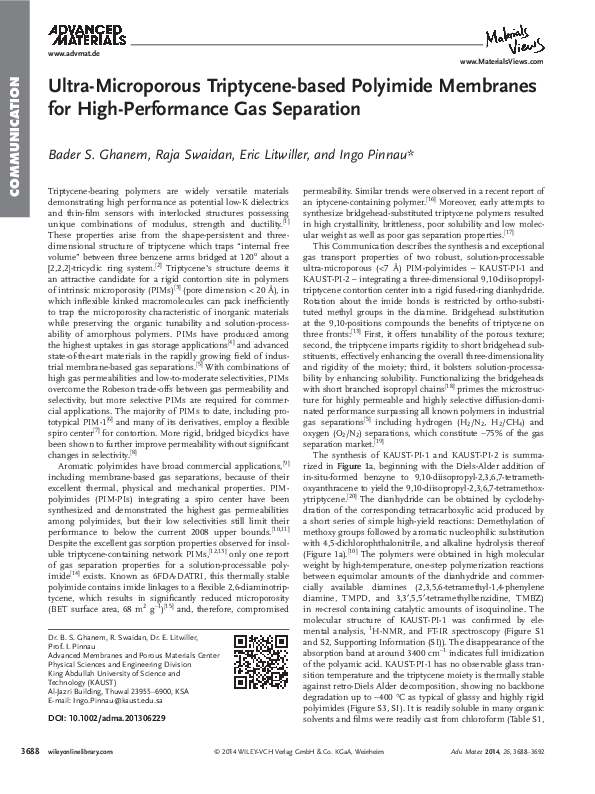 (PDF) Ultra-Microporous Triptycene-based Polyimide Membranes for High ...