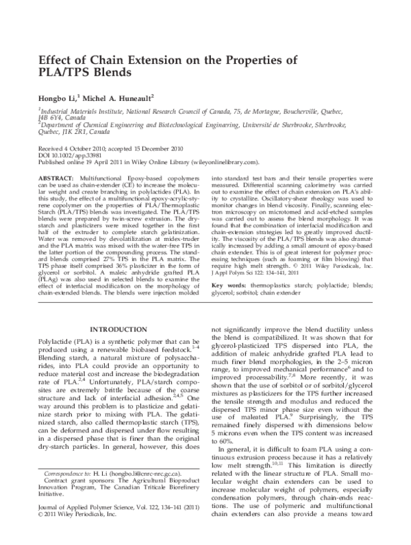 (PDF) Effect of chain extension on the properties of PLA/TPS blends