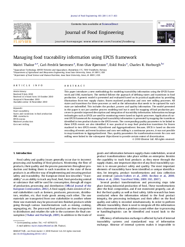 (PDF) Managing food traceability information using EPCIS framework