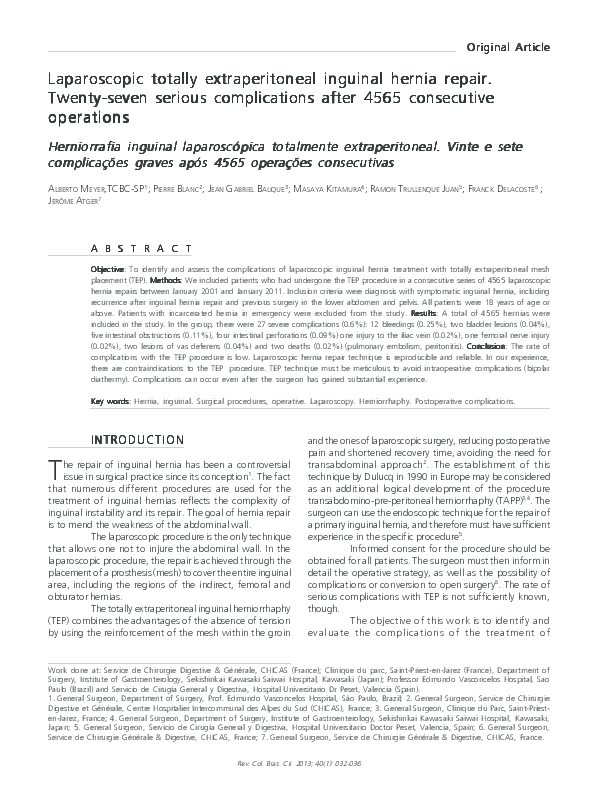 (PDF) Laparoscopic totally extraperitoneal inguinal hernia repair: lessons learned from 3,100 ...