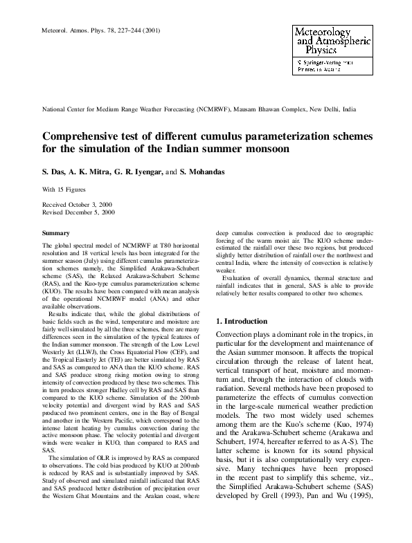 Pdf Comprehensive Test Of Different Cumulus Parameterization Schemes For The Simulation Of The