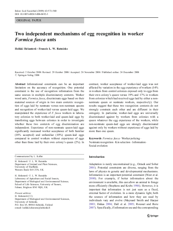(PDF) Two independent mechanisms of egg recognition in worker Formica ...