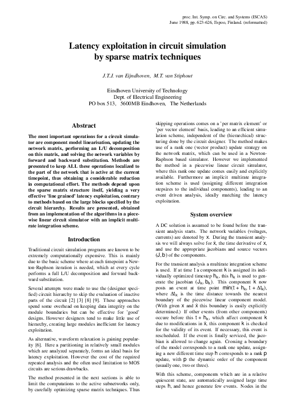 Pdf Latency Exploitation In Circuit Simulation By Sparse Matrix Techniques