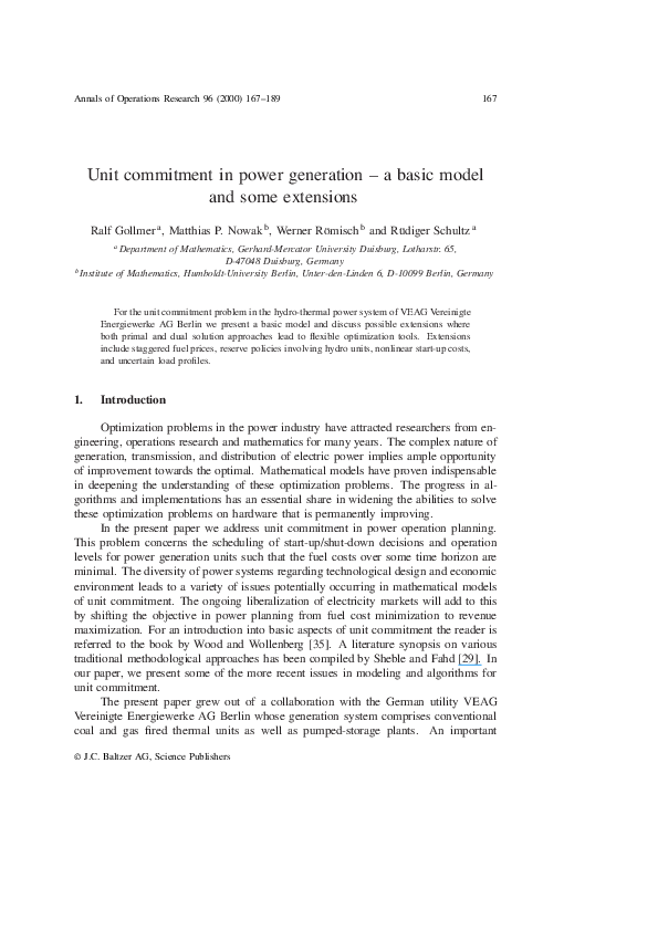 (PDF) Unit Commitment In Power Generation a Basic Model and Some Extensions