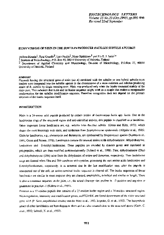 (PDF) Biosynthesis of nisin in the subtilin producer Bacillus subtilis ...