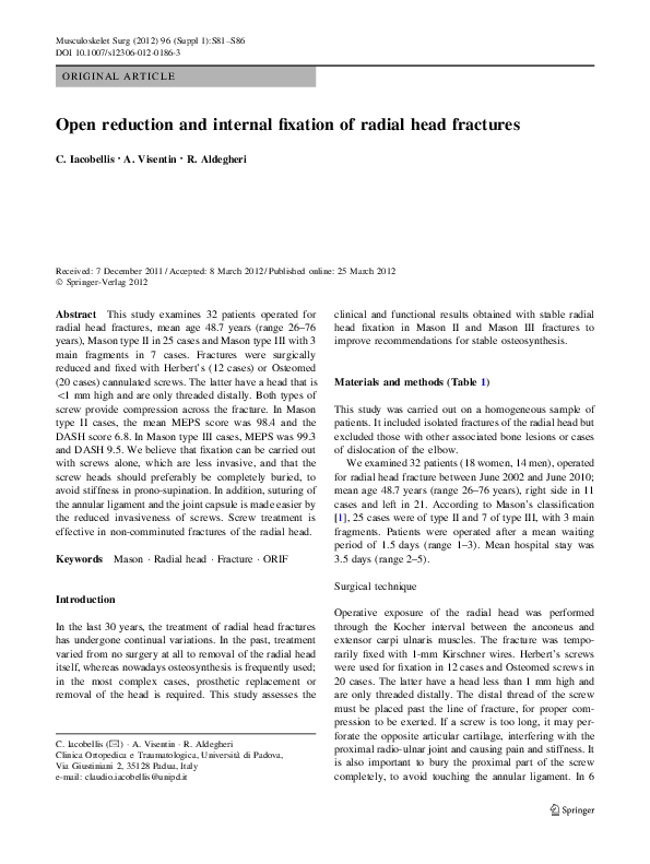 (PDF) Open Reduction and Internal Fixation of Radial Head Fractures