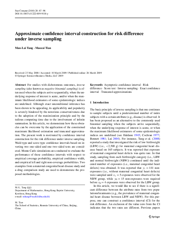 (PDF) Approximate confidence interval construction for risk difference ...