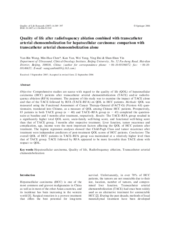 (PDF) Quality of life after radiofrequency ablation combined with transcatheter arterial ...
